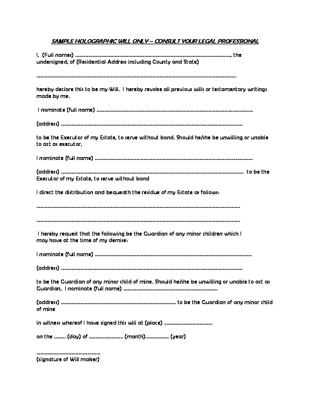 Handwritten Will Template